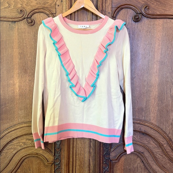 THML | Sweaters | Thml Sweater Super Soft Tan Pink Blue Deep V Ruffle ...